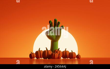 Silhouette of an undead zombie hand reaching out with a bright moon ...