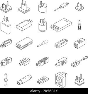 Adapter connector icons set. Outline set of adapter connector vector ...