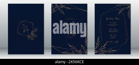 Watercolor Navy blue floral wedding invitation cards template Stock ...
