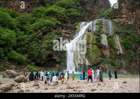 Ayn Khor during the autumn rainy season or khareef. Waterfall and ...