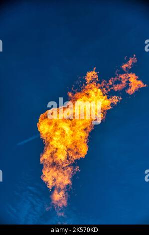 Vibrant orange flame against a deep blue sky. Abstract image of burning ...