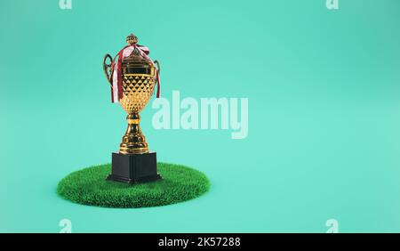Trophy on a grassy plate with cyan background Stock Photo - Alamy