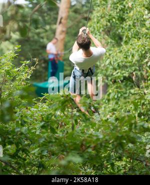 Teenage boy above trees on a zip line in a tree climbing center Stock ...