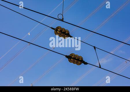 pantograph of an electric train against the sky. electric train ...