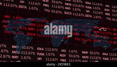 Image of stock market over world map and globe on black background ...
