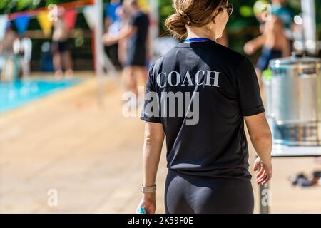 Back view of swimming coaches, wearing COACH shirt, working at an ...