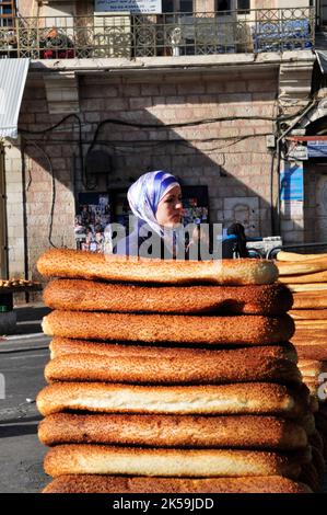 Palestinian bagel bread sold by vendors on Sultan Suleiman street in ...
