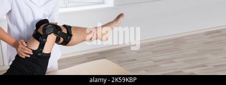 Broken Leg Brace. Physiotherapist Fixing Knee. Physio Healing Stock ...