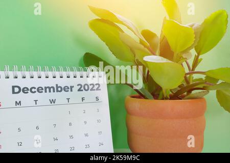 Selective focus of December 2022 desk calendar on blue background with ...