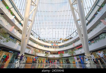 Interior atrium view with steel trusses of the Norman Foster design of ...
