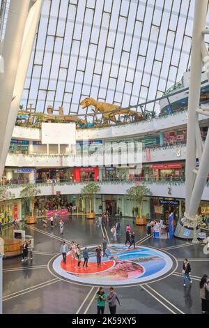Interior atrium view with steel trusses of the Norman Foster design of ...