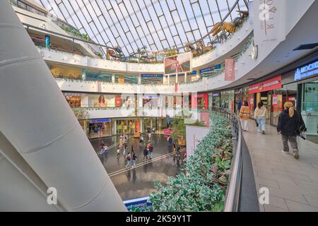 Interior atrium view with steel trusses of the Norman Foster design of ...