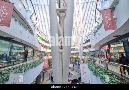 Interior atrium view with steel trusses of the Norman Foster design of ...