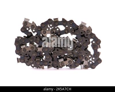 Chainsaw chain isolated on white background. Metal chain link for ...