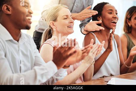 Business people, celebration and winning with applause for promotion ...