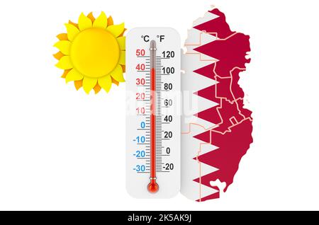 Thermometer with Qatari flag. Heat in Qatar concept. 3D rendering ...