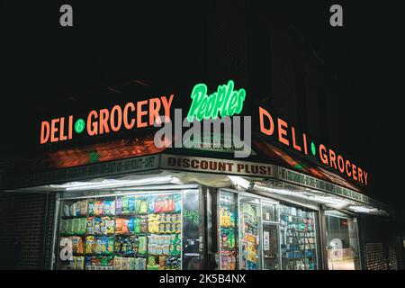Peoples Deli & Grocery sign at night, Brooklyn, New York Stock Photo ...