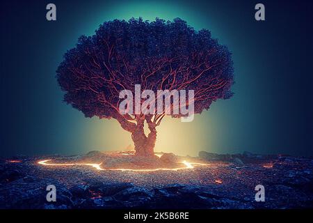 A burning tree in the forest at night Stock Photo - Alamy