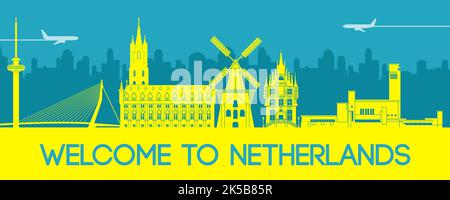 Netherlands famous landmarks by silhouette style,vector illustration ...