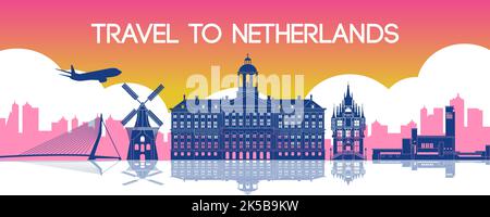 Netherlands famous landmarks by silhouette style,vector illustration ...