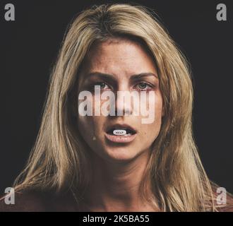 Depression, sad and pills with woman crying from suffering with mental ...