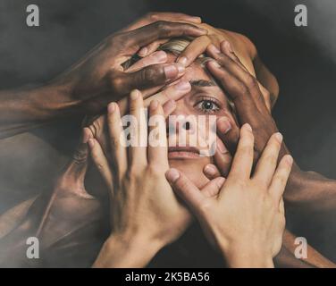 Schizophrenia, portrait and woman with fear of hands pointing for ...