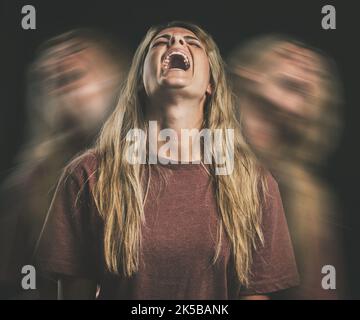 Mental health, bipolar woman shout and double exposure in dark studio ...