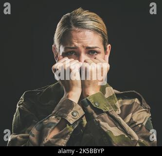 PTSD, crying and trauma with a woman soldier shouting or screaming in ...