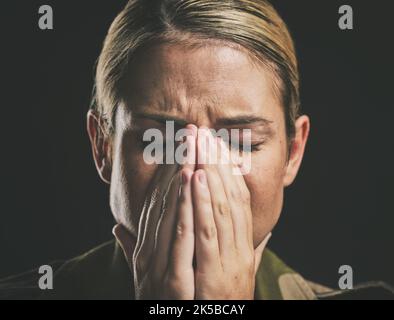 Military woman, mental health and crying in studio for depressed ...