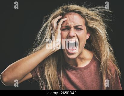 Mental health, bipolar woman shout and double exposure in dark studio ...
