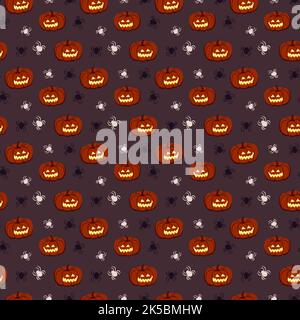 Bright seamless pattern with pumpkins and spiders on purple background ...