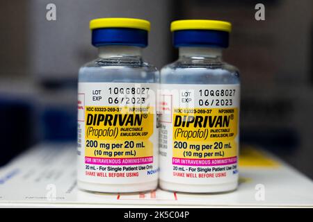 The view of two bottles of Diprivan 200mg over the boxes placed on top ...