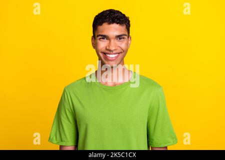 Portrait of cheerful nice person beaming smile arms show flex biceps ...