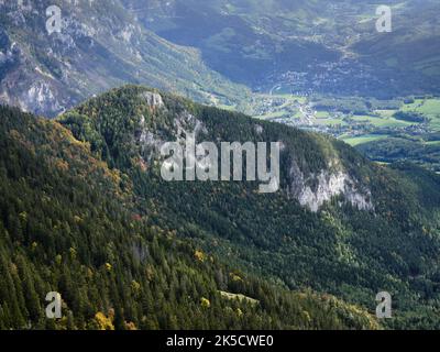 View of the surrounding villages and hills from the Rax mountain range ...