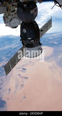 The Soyuz MS-19 crew ship and the Prichal docking module attached to ...