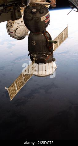 The Soyuz MS-19 crew ship and Prichal docking module are pictured ...
