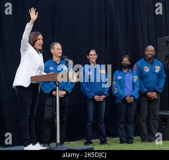 NASA astronaut Jasmin Moghbeli, gives a thumbs up to NASA Management as ...