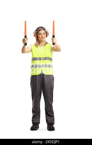 Female aircraft marshaller with wands isolated on white background ...