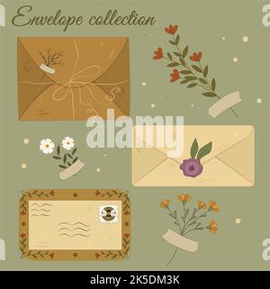 delicate vintage envelopes with floral elements illustration Stock ...