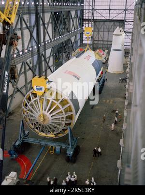 Saturn V first stage vertical assembly, 1967. Positioning of the thrust ...