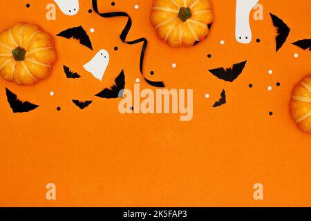 Halloween concept, Scary smiling pumpkins with ghost and black bat with ...