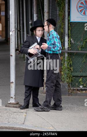 2 teenage Jewish boys engage in a spirited conversation on Lee avenue ...