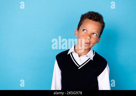 Photo of ponder pensive little guy dressed black vest typing modern ...