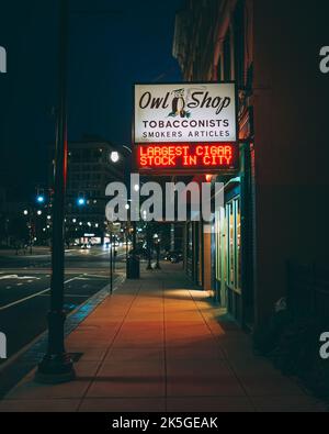 The Owl Shop neon sign at night, Worcester, Massachusetts Stock Photo ...