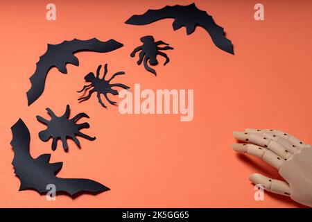 Halloween paper decorations on wooden background Stock Photo - Alamy