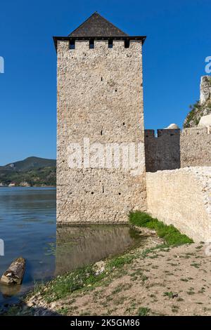 Ruins of Medieval fortified town of Golubac at the coast of Danube ...
