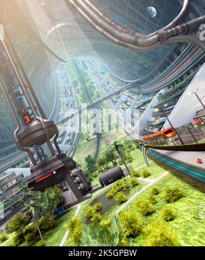 Artwork of the interior of a Stanford Torus. This is a design for a space station proposed by ...