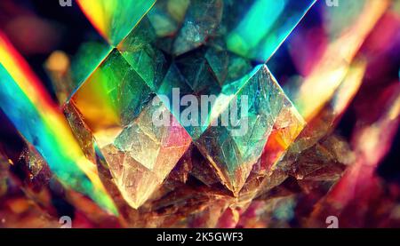 A closeup of glass crystals and prisms with color spectrum rays ...