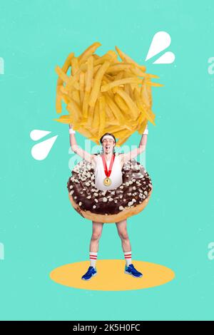 Creative poster collage of active strong young guy sportsman lifting ...