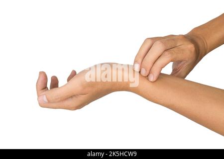 Self-examination of pulsation. Counting pulse rate in home Stock Photo ...